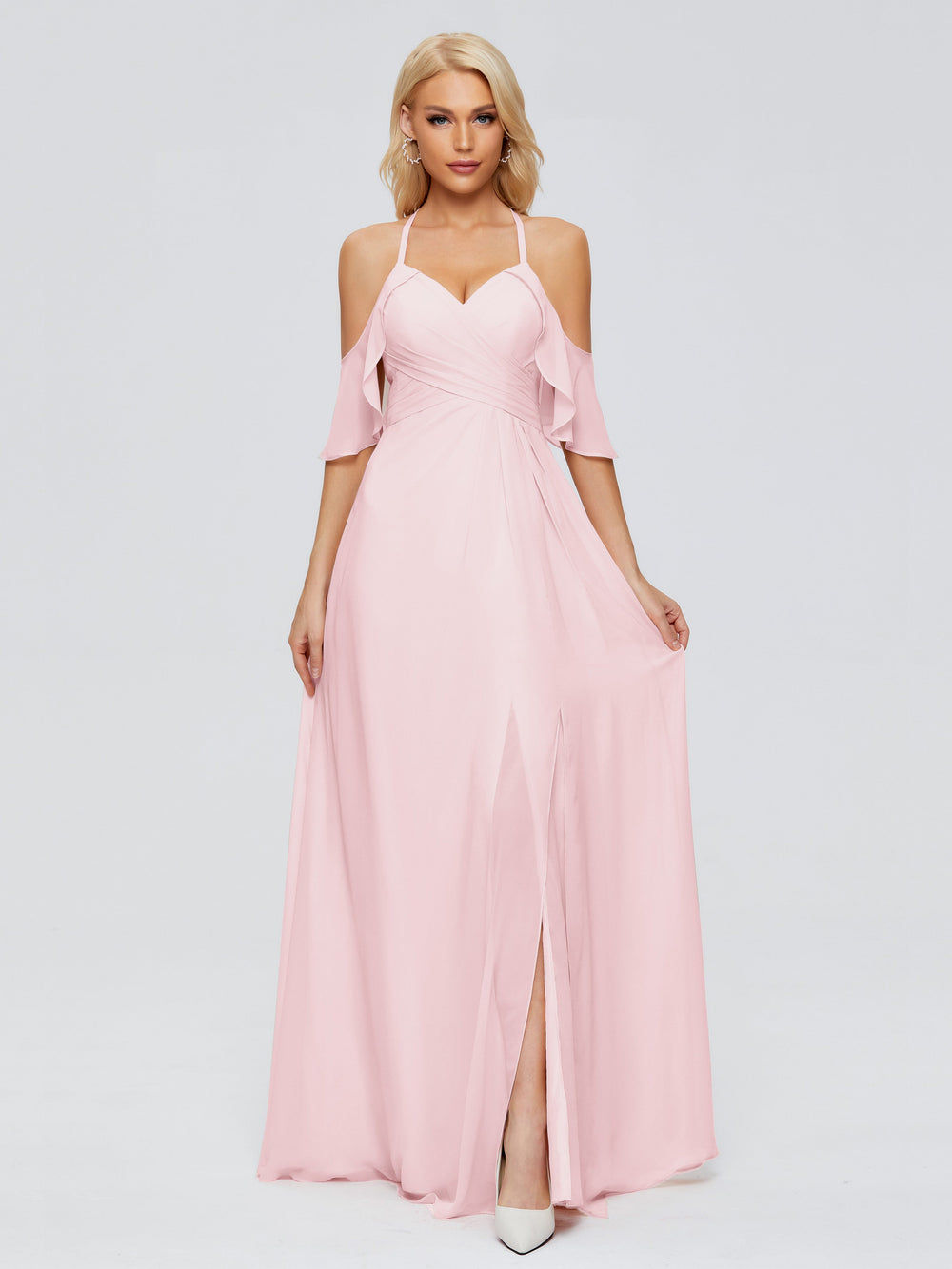 Robe Rose Pale Demoiselle D Honneur Trapèze Fendue Devant Mousseline R